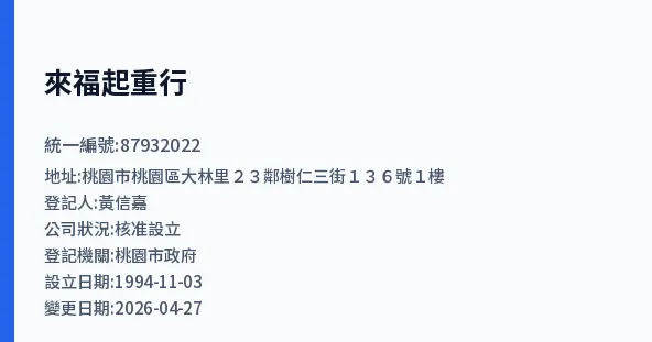 來福起重行的照片-統編 87932022(桃園市) 公司登記資料與營業項目詳細圖表
