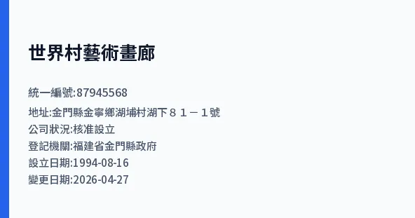 世界村藝術畫廊的照片-統編 87945568(金門縣) 公司登記資料與營業項目詳細圖表