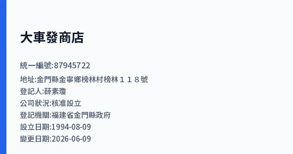 大車發商店的照片-統編 87945722(金門縣) 公司登記資料與營業項目詳細圖表