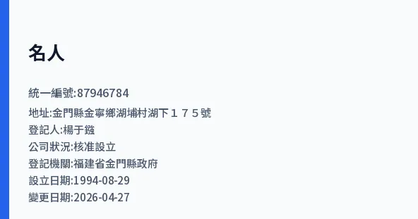 名人的照片-統編 87946784(金門縣) 公司登記資料與營業項目詳細圖表