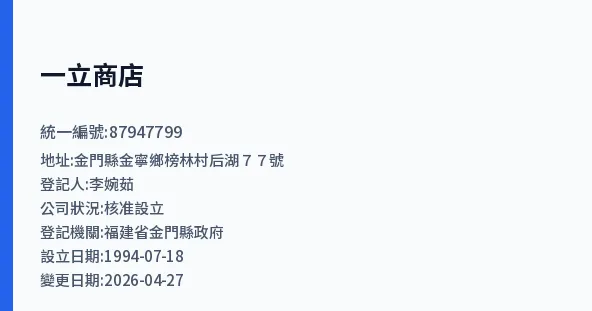 一立商店的照片-統編 87947799(金門縣) 公司登記資料與營業項目詳細圖表
