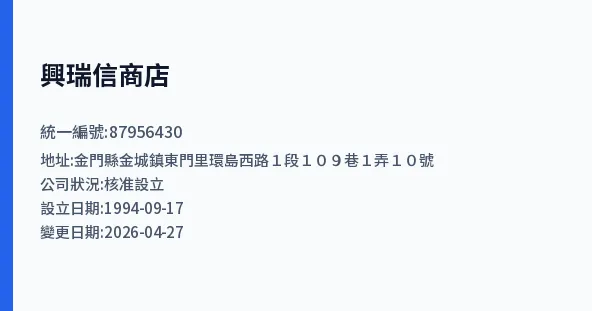 興瑞信商店的照片-統編 87956430(金門縣) 公司登記資料與營業項目詳細圖表