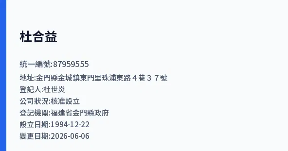 杜合益的照片-統編 87959555(金門縣) 公司登記資料與營業項目詳細圖表