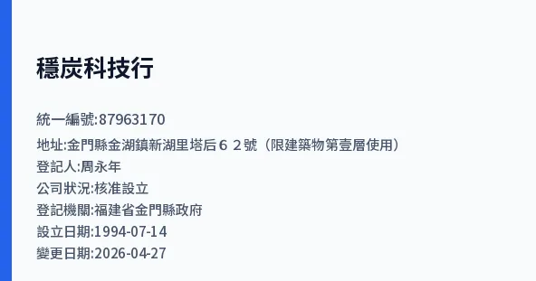 穩炭科技行的照片-統編 87963170(金門縣) 公司登記資料與營業項目詳細圖表