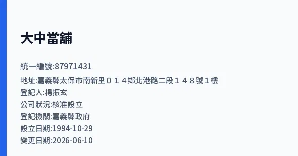 大中當舖的照片-統編 87971431(嘉義縣) 公司登記資料與營業項目詳細圖表