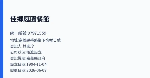 佳鄉庭園餐館的照片-統編 87971559(嘉義縣) 公司登記資料與營業項目詳細圖表