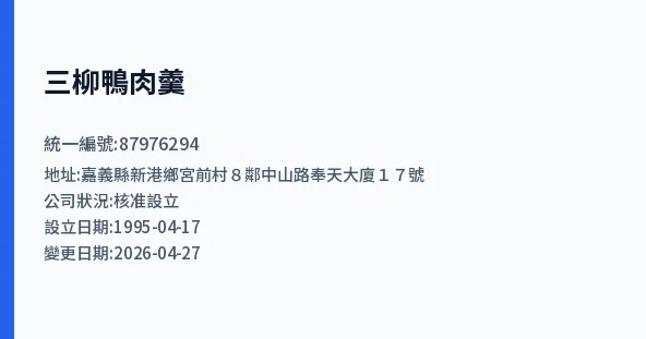 三柳鴨肉羹的照片-統編 87976294(嘉義縣) 公司登記資料與營業項目詳細圖表