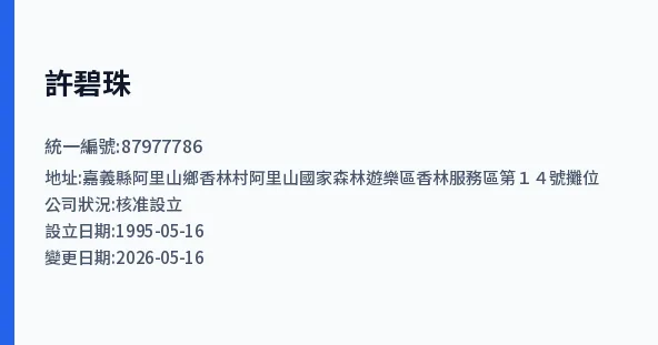 許碧珠的照片-統編 87977786(嘉義縣) 公司登記資料與營業項目詳細圖表