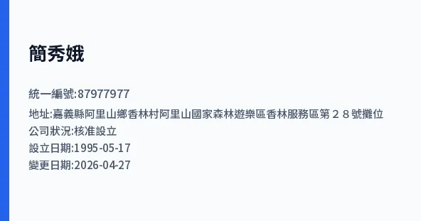 簡秀娥的照片-統編 87977977(嘉義縣) 公司登記資料與營業項目詳細圖表