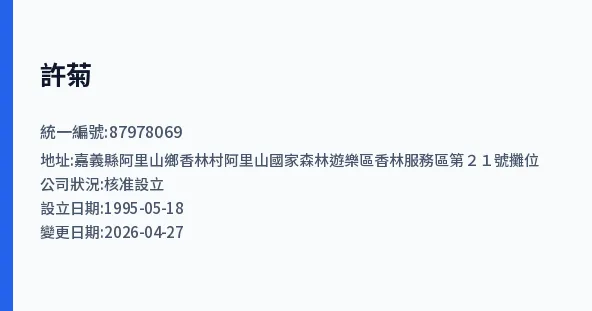 許菊的照片-統編 87978069(嘉義縣) 公司登記資料與營業項目詳細圖表