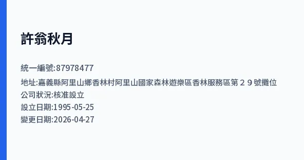 許翁秋月的照片-統編 87978477(嘉義縣) 公司登記資料與營業項目詳細圖表