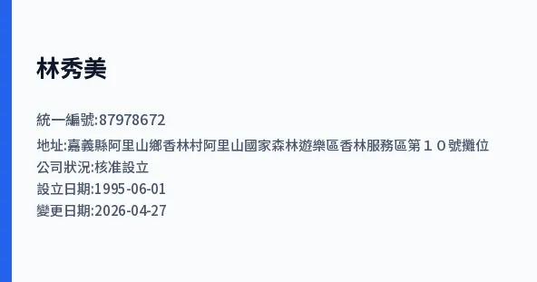 林秀美的照片-統編 87978672(嘉義縣) 公司登記資料與營業項目詳細圖表