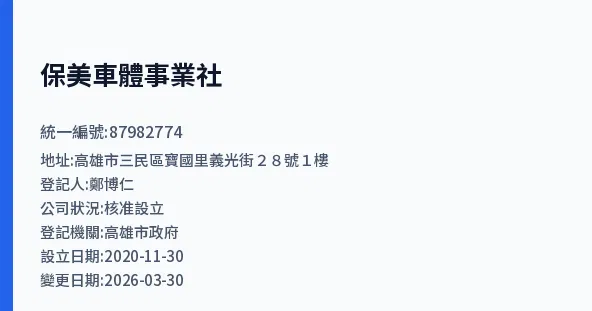 保美車體事業社的照片-統編 87982774(高雄市) 公司登記資料與營業項目詳細圖表