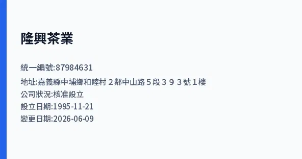 隆興茶業的照片-統編 87984631(嘉義縣) 公司登記資料與營業項目詳細圖表