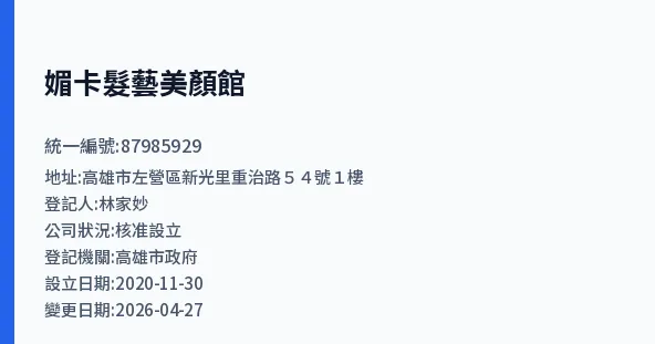 媚卡髮藝美顏館的照片-統編 87985929(高雄市) 公司登記資料與營業項目詳細圖表
