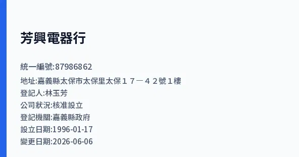 芳興電器行的照片-統編 87986862(嘉義縣) 公司登記資料與營業項目詳細圖表