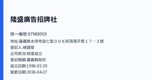 隆盛廣告招牌社的照片-統編 87988003(嘉義縣) 公司登記資料與營業項目詳細圖表