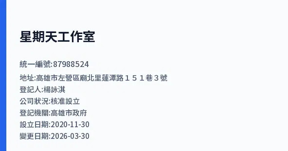 星期天工作室的照片-統編 87988524(高雄市) 公司登記資料與營業項目詳細圖表