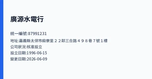 廣源水電行的照片-統編 87991231(嘉義縣) 公司登記資料與營業項目詳細圖表