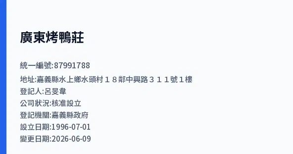 廣東烤鴨莊的照片-統編 87991788(嘉義縣) 公司登記資料與營業項目詳細圖表