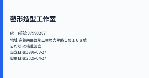 藝形造型工作室的照片-統編 87993287(嘉義縣) 公司登記資料與營業項目詳細圖表