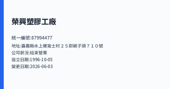 榮興塑膠工廠的照片-統編 87994477(嘉義縣) 公司登記資料與營業項目詳細圖表