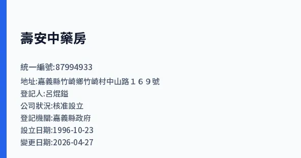 壽安中藥房的照片-統編 87994933(嘉義縣) 公司登記資料與營業項目詳細圖表