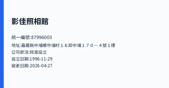 影佳照相館的照片-統編 87996003(嘉義縣) 公司登記資料與營業項目詳細圖表