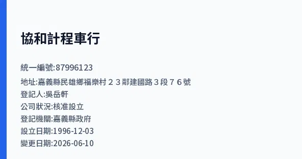 協和計程車行的照片-統編 87996123(嘉義縣) 公司登記資料與營業項目詳細圖表