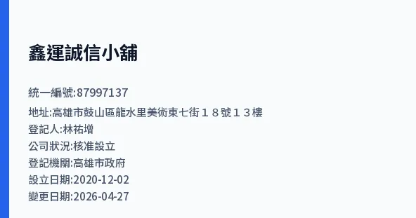 鑫運誠信小舖的照片-統編 87997137(高雄市) 公司登記資料與營業項目詳細圖表