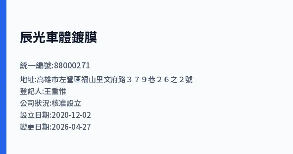 辰光車體鍍膜的照片-統編 88000271(高雄市) 公司登記資料與營業項目詳細圖表
