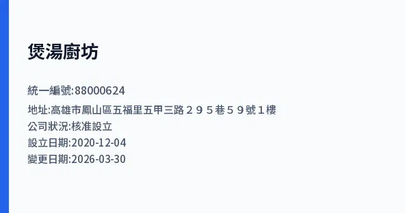 煲湯廚坊的照片-統編 88000624(高雄市) 公司登記資料與營業項目詳細圖表