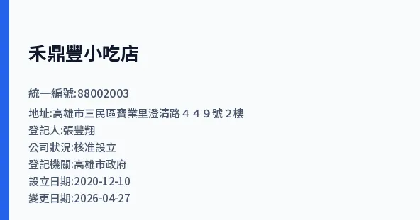 禾鼎豐小吃店的照片-統編 88002003(高雄市) 公司登記資料與營業項目詳細圖表