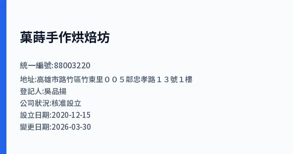 菓蒔手作烘焙坊的照片-統編 88003220(高雄市) 公司登記資料與營業項目詳細圖表