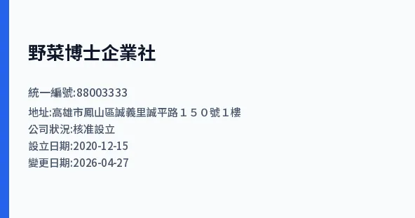 野菜博士企業社的照片-統編 88003333(高雄市) 公司登記資料與營業項目詳細圖表