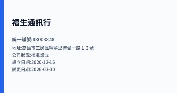 福生通訊行的照片-統編 88003848(高雄市) 公司登記資料與營業項目詳細圖表