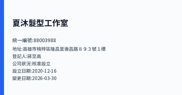 夏沐髮型工作室的照片-統編 88003988(高雄市) 公司登記資料與營業項目詳細圖表