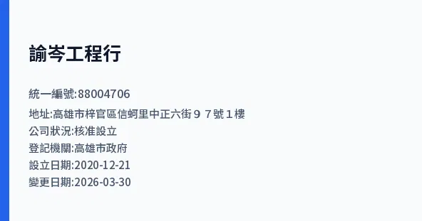 諭岑工程行的照片-統編 88004706(高雄市) 公司登記資料與營業項目詳細圖表
