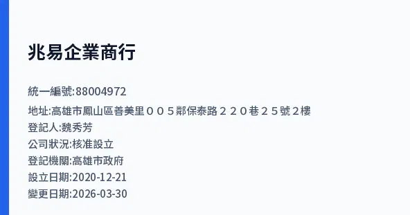 兆易企業商行的照片-統編 88004972(高雄市) 公司登記資料與營業項目詳細圖表