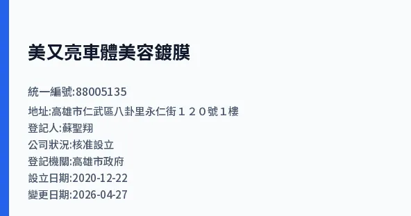 美又亮車體美容鍍膜的照片-統編 88005135(高雄市) 公司登記資料與營業項目詳細圖表