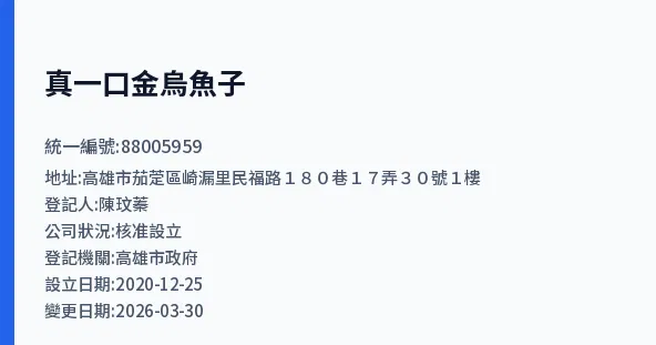 真一口金烏魚子的照片-統編 88005959(高雄市) 公司登記資料與營業項目詳細圖表