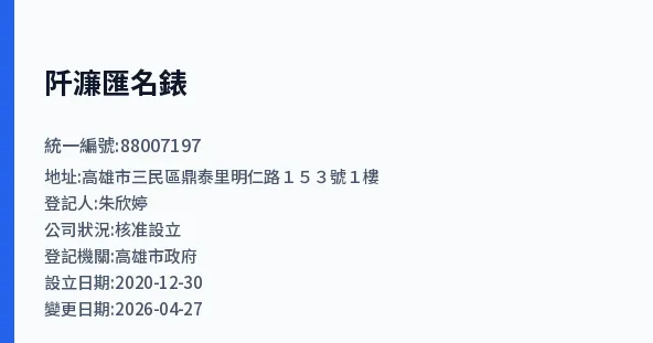 阡濂匯名錶的照片-統編 88007197(高雄市) 公司登記資料與營業項目詳細圖表