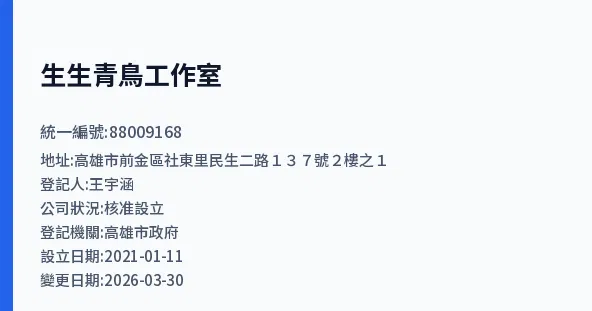 生生青鳥工作室的照片-統編 88009168(高雄市) 公司登記資料與營業項目詳細圖表