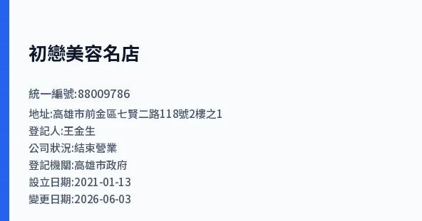 初戀美容名店的照片-統編 88009786(高雄市) 公司登記資料與營業項目詳細圖表