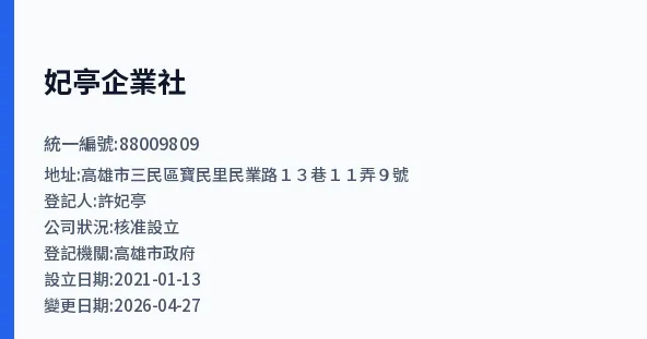 妃亭企業社的照片-統編 88009809(高雄市) 公司登記資料與營業項目詳細圖表