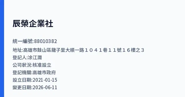 辰榮企業社的照片-統編 88010382(高雄市) 公司登記資料與營業項目詳細圖表