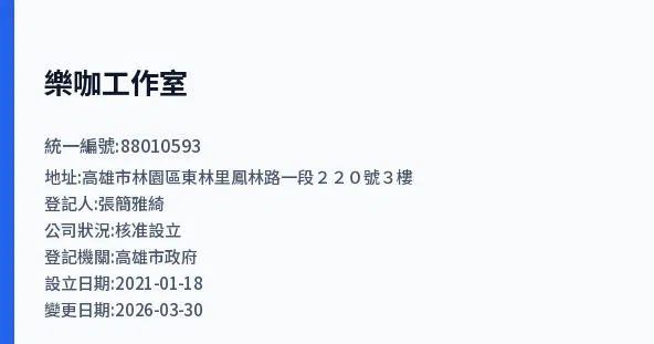 樂咖工作室的照片-統編 88010593(高雄市) 公司登記資料與營業項目詳細圖表