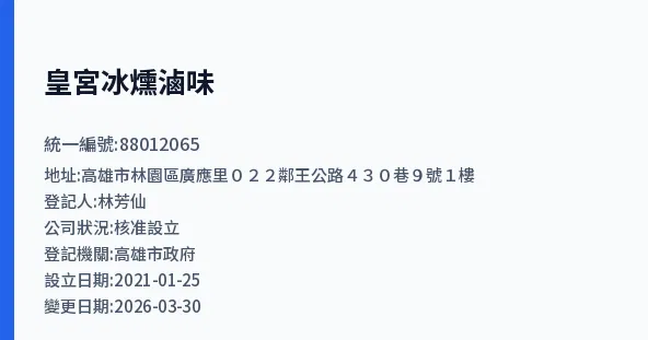 皇宮冰燻滷味的照片-統編 88012065(高雄市) 公司登記資料與營業項目詳細圖表
