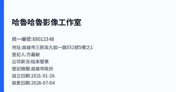 哈魯哈魯影像工作室的照片-統編 88012348(高雄市) 公司登記資料與營業項目詳細圖表