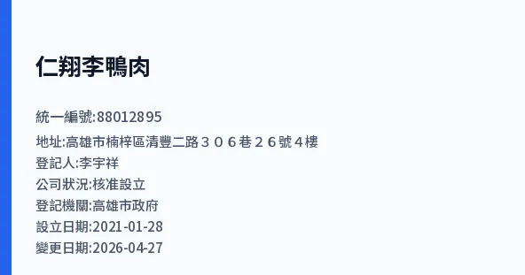 仁翔李鴨肉的照片-統編 88012895(高雄市) 公司登記資料與營業項目詳細圖表